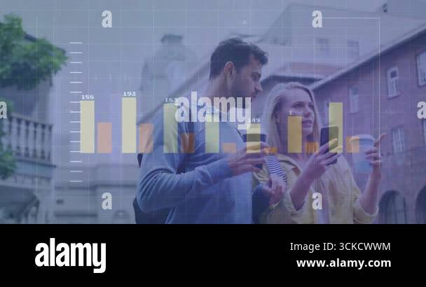 Couple walking street scrolling phone to share business data with ...