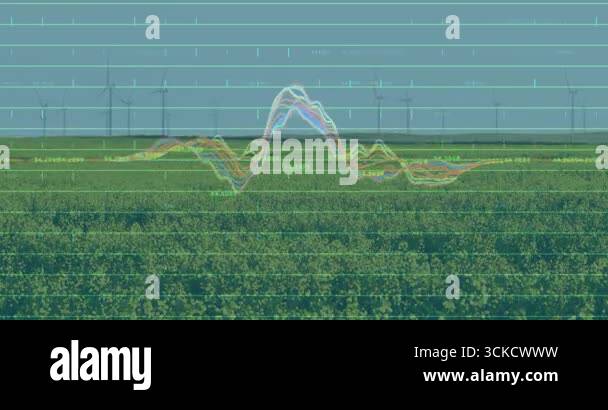 Upon launch, multicolored waveform overlay rising, oscillating across ...