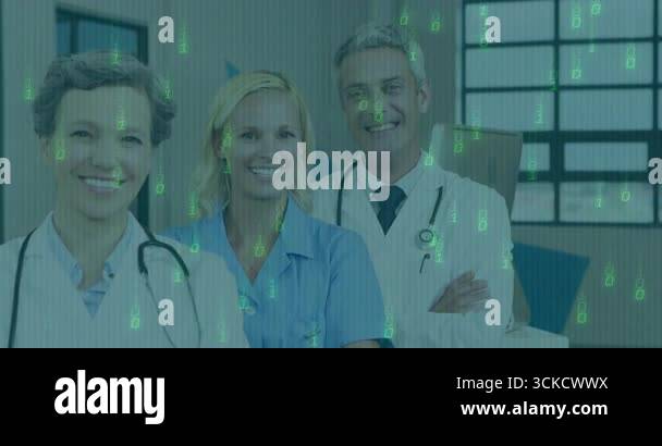 Numeric overlay cascading over medical professionals and representing ...