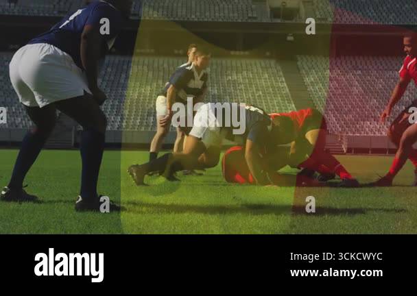 Rugby players joining ruck for possession, halfback scooping and ...