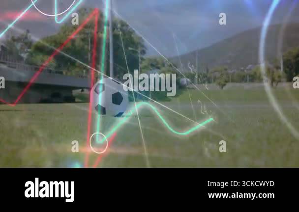 Soccer player's foot swinging at ball activating sports tech overlay ...