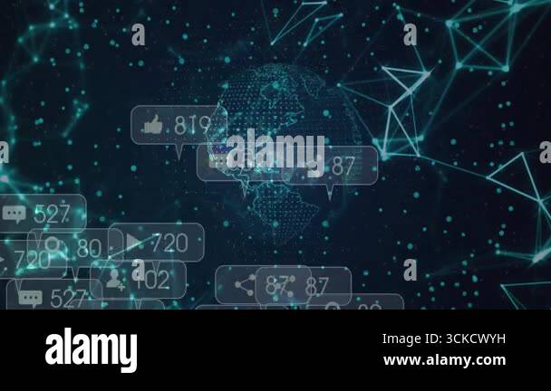 Data points starting 3D globe rotating, network pulsing, social bubbles ...