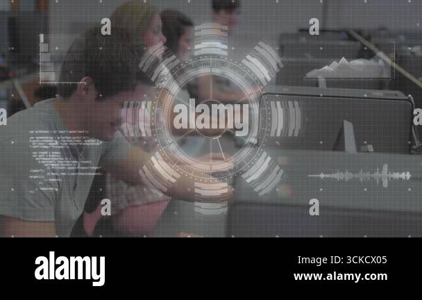 Classmates Typing At Computers In Tech Lab Overlay Fading In Animating Hud Code Graph For