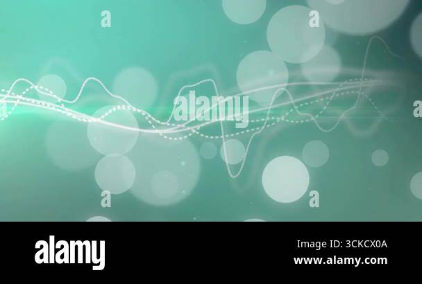 Opening with teal gradient bokeh, three waveforms undulating, green ...