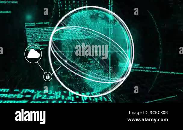 Opening glowing wireframe globe spinning linking eight icons around ...