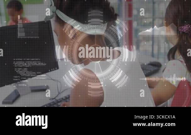 Girl tapping code at learning center causing data overlay and peering at classmate for feedback ...