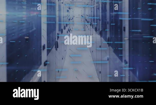 At third second in corridor, blue streaks drifting showing data flow ...