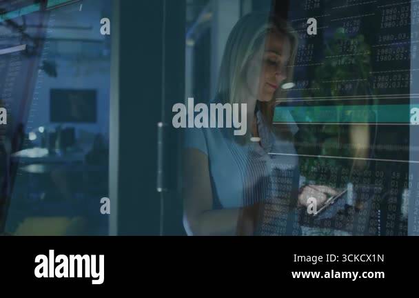 IT pro tapping tablet starting encryption overlay on glass code shifting into waveform for ...