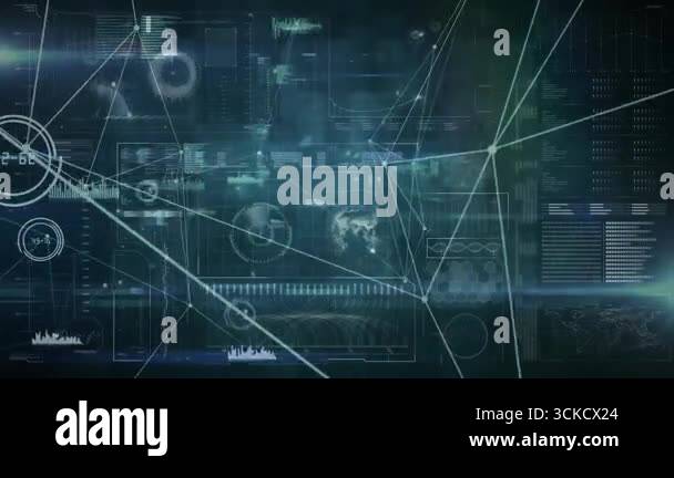 When thin white lines emerging from edges connecting nodes, digital HUD updating live data ...