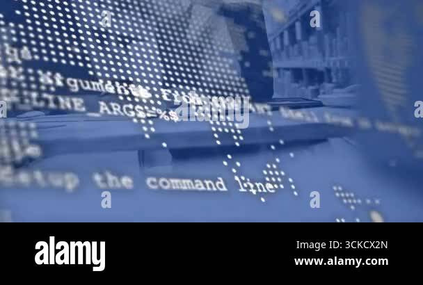 Woman raising chin thinking in library while dotted map overlay drifting, tech code scrolling ...