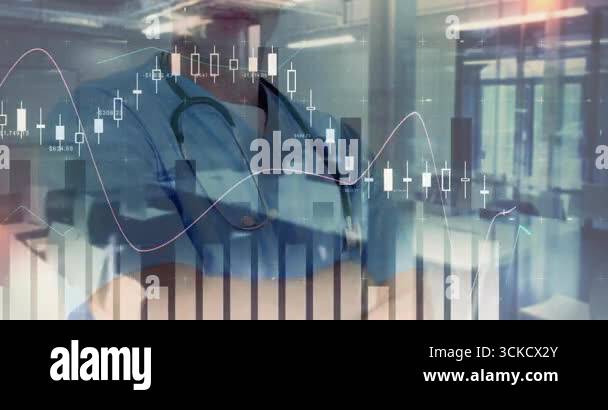 Animated financial charts flickering, doctor in medical scrubs stepping ...