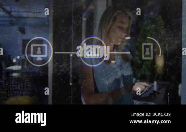 Business woman tapping tablet, initiating network icons connecting ...