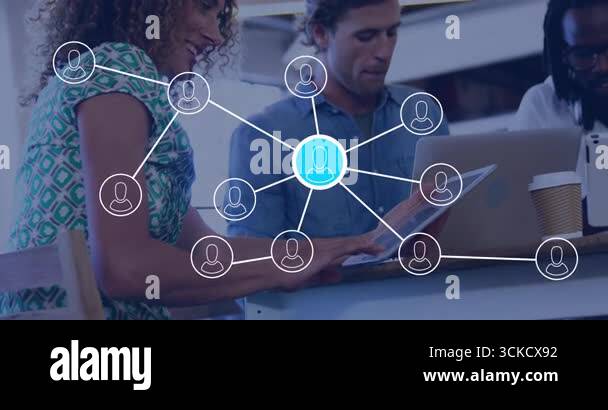 Technology team tapping devices causing network pulsing morphing circles into ear and user icons ...