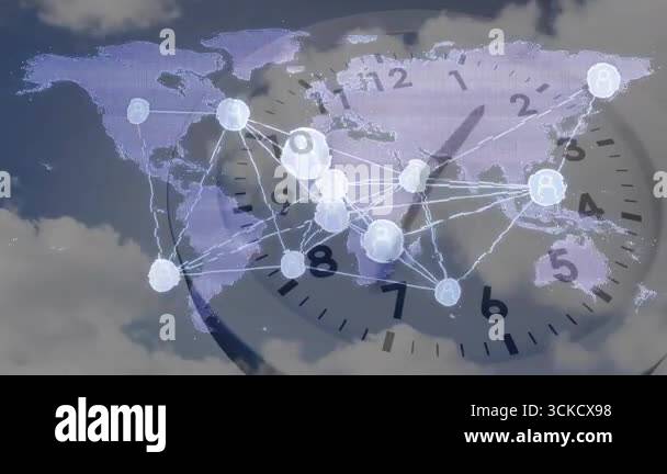 Analog clock face initiating glowing nodes and animating lines ...