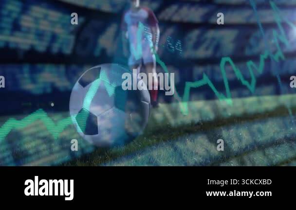 Soccer athlete stepping forward on pitch, swinging cleat and sending ...
