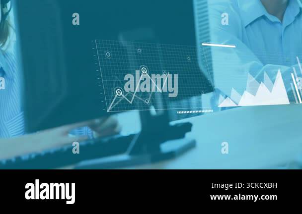Male operator clicking mouse updating bar chart and map while analyzing ...