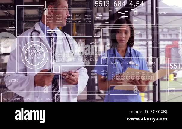 Upon nurse flipping file for analysis, doctor tilting folder as data overlays updating in ...