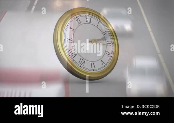 On start gold clock rotating and advancing hands over moving highway ...