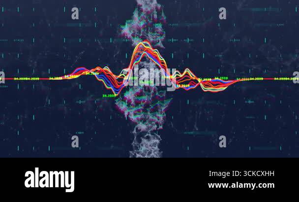 Neon line starting colorful waves rising and collapsing against pulsing mesh visualizing data ...