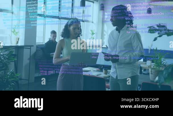 Developer scrolling laptop triggers code overlay while colleague referencing tablet debugging ...