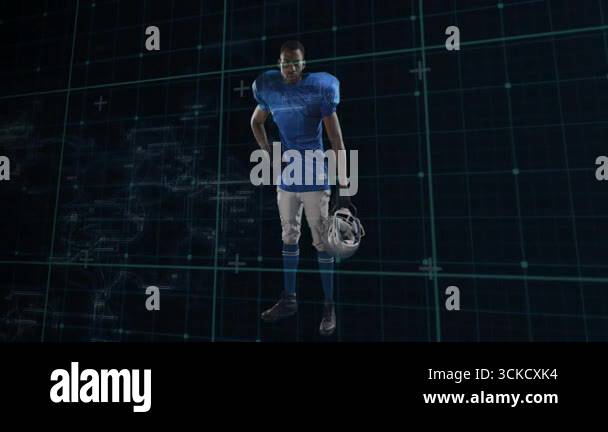 Football player holding helmet and shifting stance, saluting over teal ...