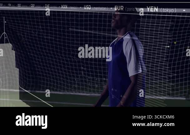 Goalkeeper catching ball on finance chart peaking then kicking it as ...