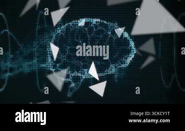 Dark grid initiating neon-blue wireframe brain while triangles swirling around showing data flow ...