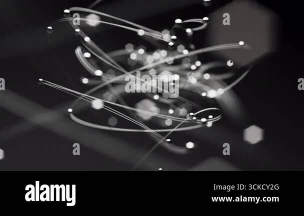 Abstract animation with moving shiny lines connecting metallic spheres ...