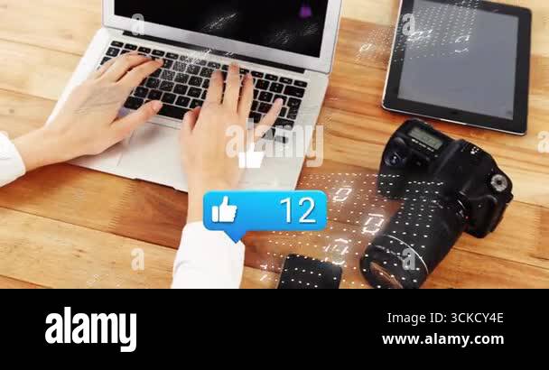 Woman typing showing chat bubble and displaying like count rising over ...