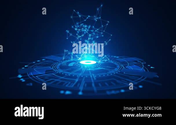 Looping animation of digital nodes and connections emerging from a glowing interface. Perfect ...