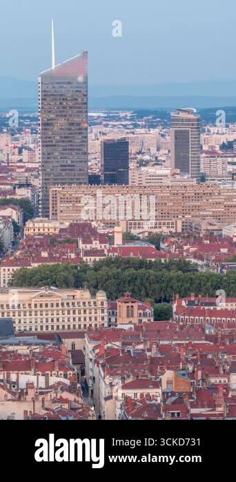 Panoramic aerial view of Lyon after sunset from Fourviere Hill day to ...