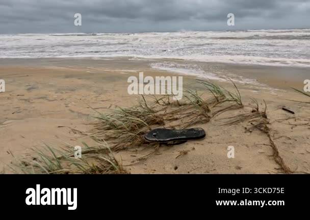 A stormy beach scene with debris and erosion, highlighting ...