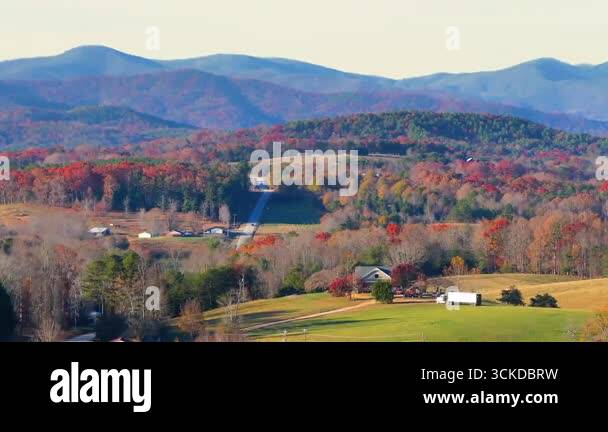Scattered houses and homesteads in vibrant forest in fall season on ...
