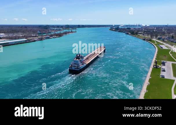 Bulk carrier SAM LAUD sailed on St. Clair River to Lake Huron aerial ...