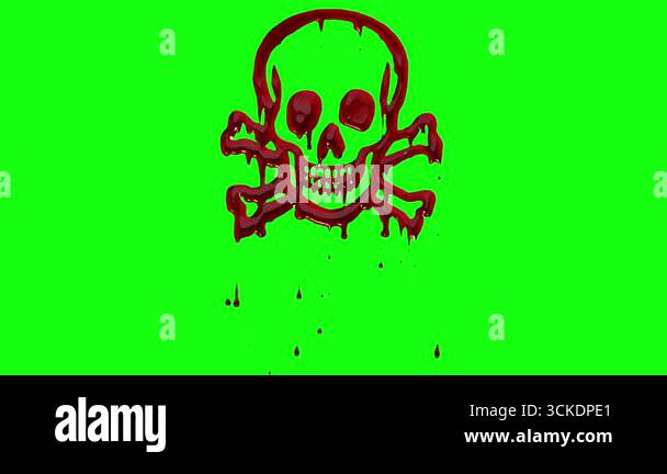Scary human skull danger sign symbol blood drops effect on green screen ...