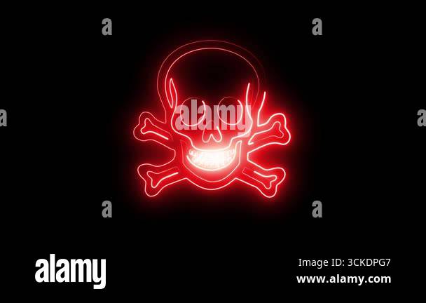 Scary human skull symbol with red neon light effect on plain black ...