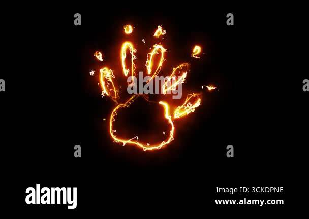 Scary human hand symbol with fire energy sparks on plain black ...
