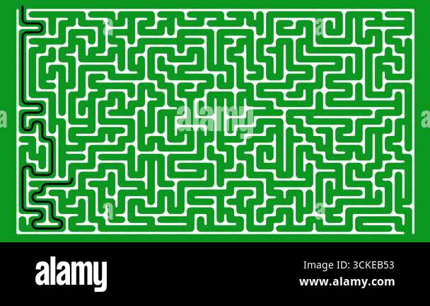 Difficult maze shape with solution path on green screen background ...