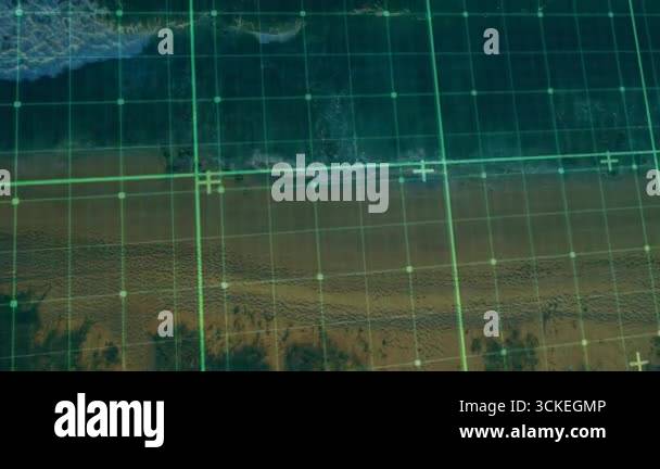 Aerial mapping drone deploying neon green grid overlay scanning shoreline with pulsing and ...
