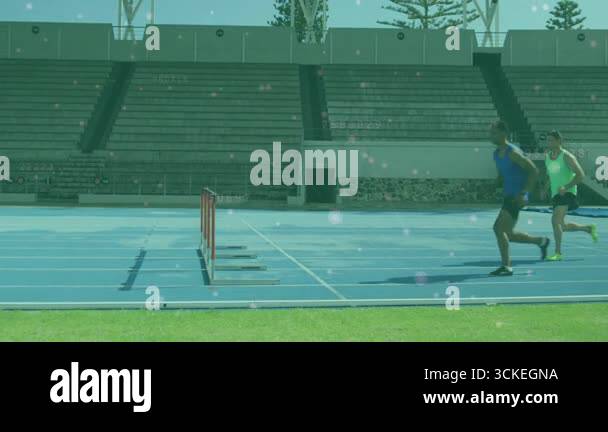 Male track athletes entering frame and clearing hurdle, with animated ...