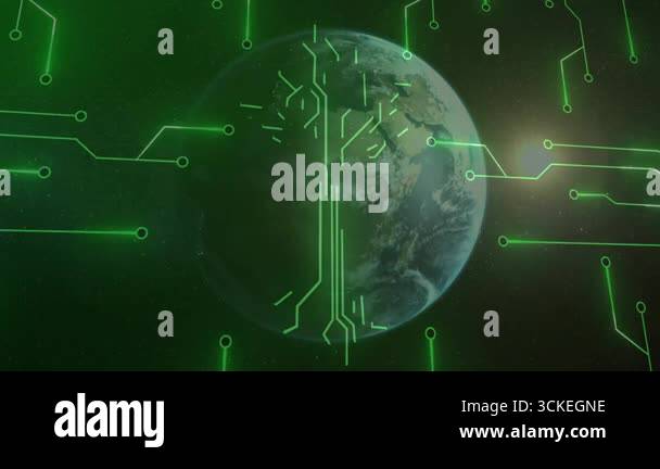 Rotating Earth driving green circuit lines merging, forming circuit ...