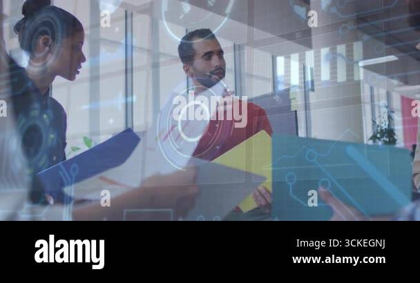 Third participant sliding chart and colleagues reviewing business data overlays drawing ...