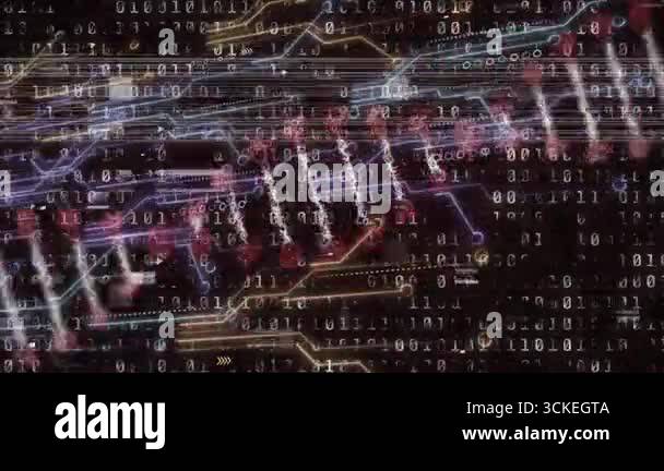 Neon circuit lines detecting binary pulses, red nodes pulsing then fading for visualizing data ...