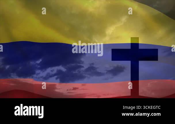 Breeze starting Colombian flag rippling and clouds drifting behind ...