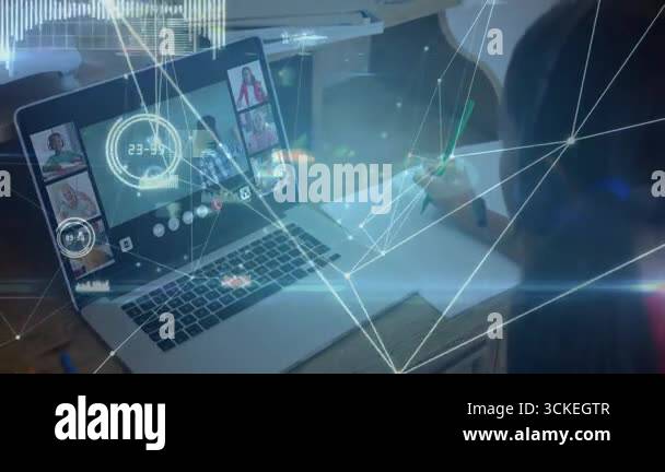 Child picking green pen over paper starting network overlay and writing ...