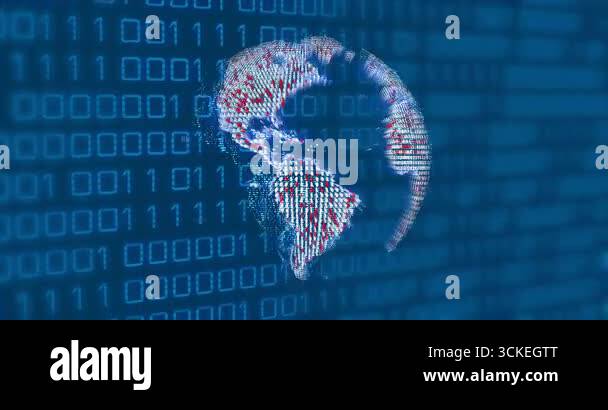 Starting from dark binary grid pixels forming rotating globe pulsing rebuilding showing data ...