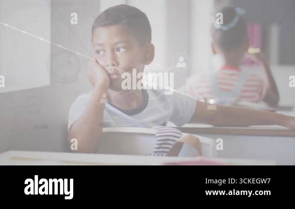 With time elapsing classmates resting at desks as network overlay ...