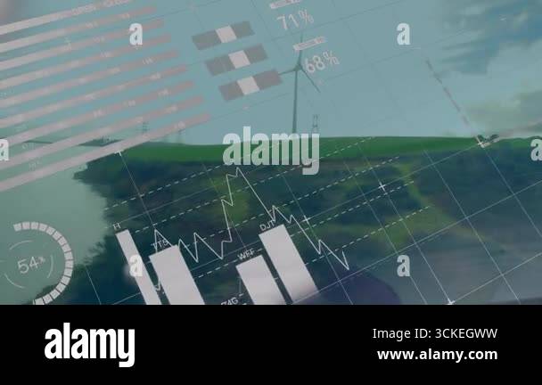 Dashboard appearing on coastal cliff starting gauge and chart shifting showing turbine ...