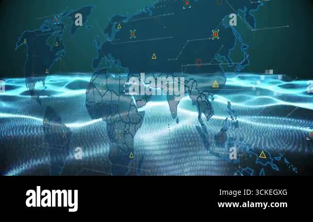 Triggered by sweeping wave grid, 3D map emerging, icons pulsing to visualize global connections ...