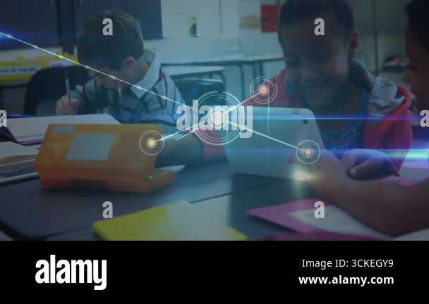 Three students writing and tapping tablets, activating expanding ...